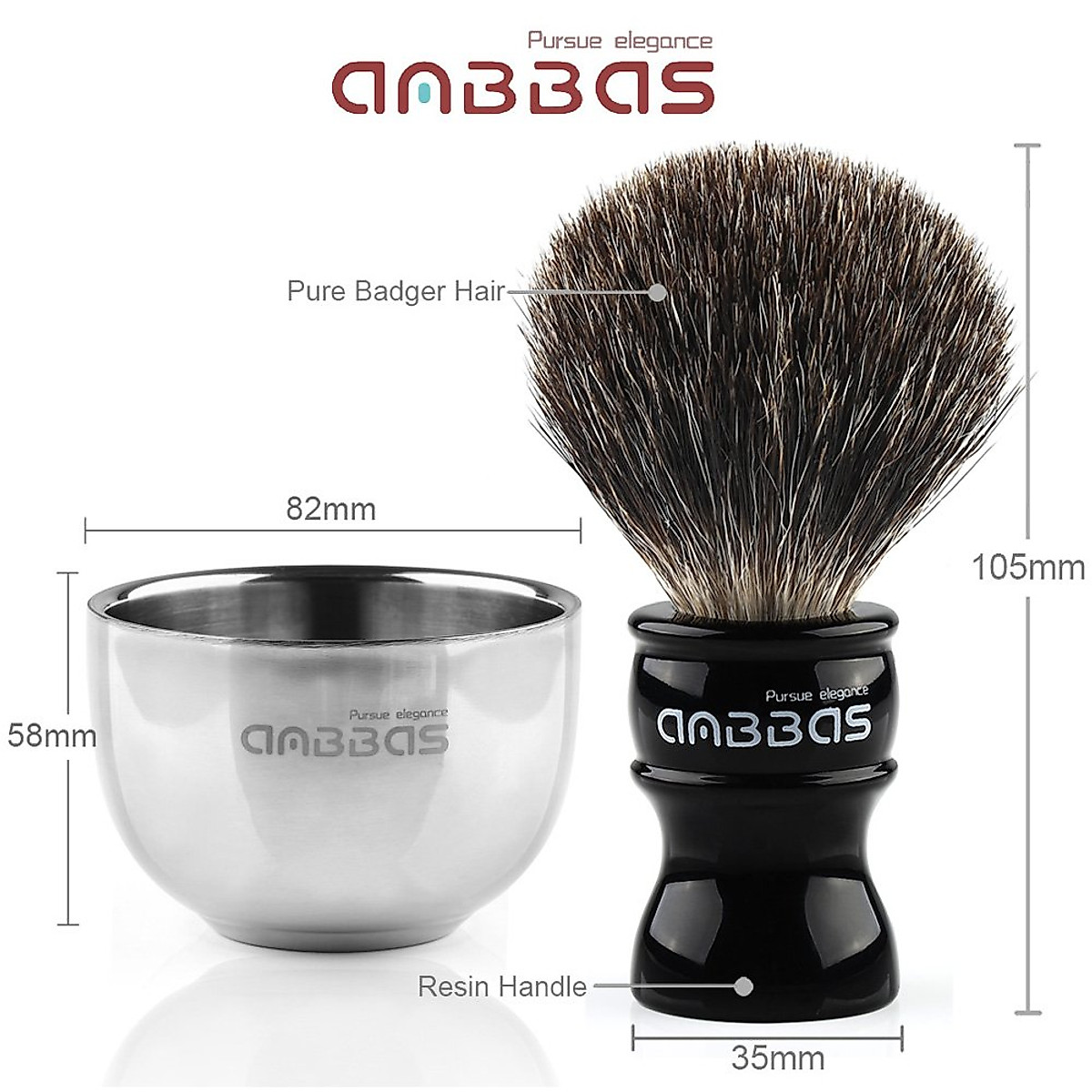 Shaving Set, 4in1 Anbbas Pure Black Badger Shaving Brush with Long Resin Handle and Acrylic Thicken Shaving Stand,Soap Bowl Stainless Steel and Goat Milk Shaving Soap 100g Men Gift Kit