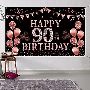 Trgowaul 90th Birthday Decorations Rose Gold 90 Year Old Birthday Backdrop Banner for Women Happy 90th Birthday Party Suppiles Photography Supplies Background Happy 90th Birthday Decoration