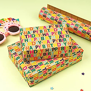 RUSPEPA Kraft Wrapping Paper Roll - Colorful Happy Birthday Pattern Great for Birthday, Party, Baby Shower - 17.5 Inches X 32.8 Feet