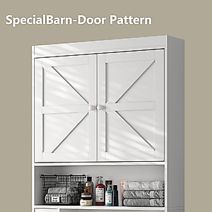 furomate Over The Toilet Storage Cabinet with Barn Doors, 32.3''W Free Standing Toilet Storage Shelf Space Saver with Adjustable Bottom Bar, White