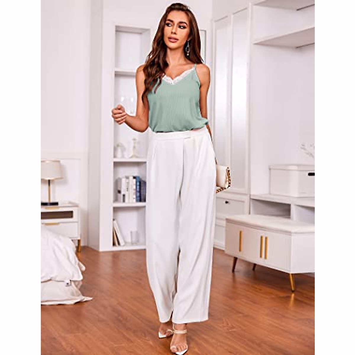 Ekouaer Sleepwear Pjs Set for Women Soft Sleep Shorts Cami Pj V-neck Lingerie Pajamas Green