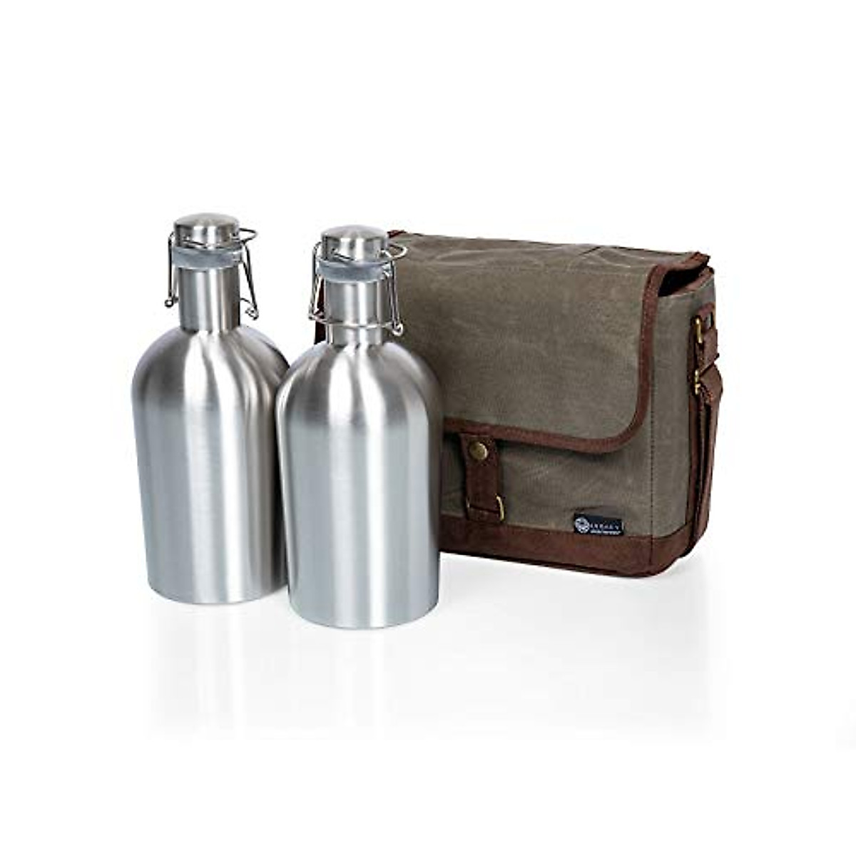 LEGACY - a Picnic Time brand Insulated Double Growler Tote with 64 oz. Stainless Steel Growlers, Beer Gifts for Men, Waxed Canvas Bag Water Bottle Carrier, (Khaki Green with Brown Accents)