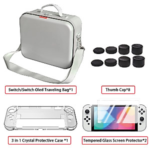 KAXIMEII Carrying Case for Nintendo Switch Oled,8 in 1 Switch Oled Accessories Bundle with Thumb Cap, Crystal Protective Case for Console & J-Con,Screen Protector,Hard Material Storage Bag,-Silver