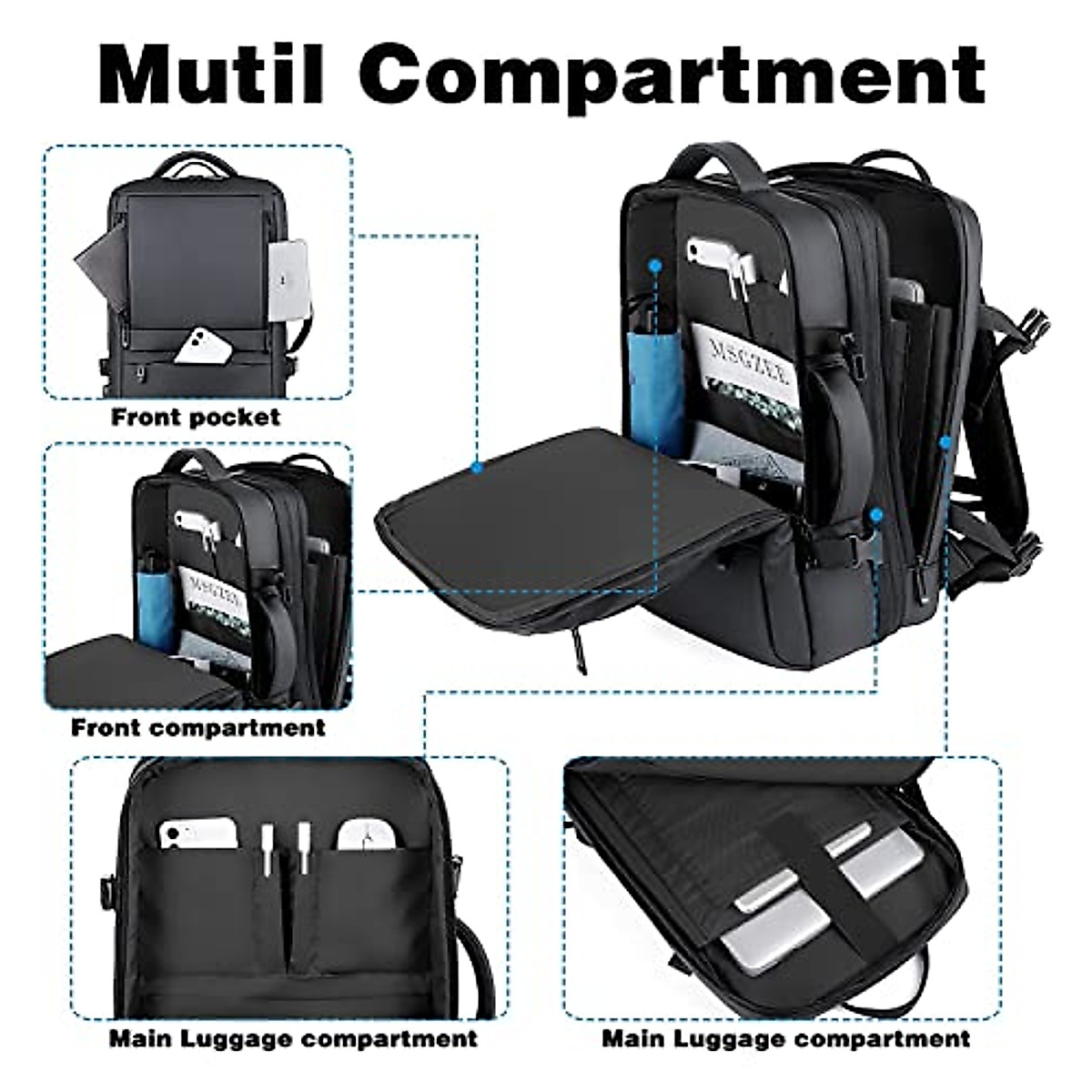 Travel Backpack, Extra Large Travel Backpack, Carry On Backpack, 40L Expandable Flight Approved Water Resistant Luggage Casual Daypack with USB Port Fits 17 Inch Laptop, Travel Gifts for Men, Black