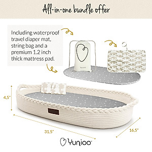 Yunioo XL Reinforced Baby Changing Basket with Extra Travel Diaper pad, Foldable Baby Changing Pad with Water Repellent Cover, Cotton Rope Baby Basket, Changing Table Topper for Dresser (White)