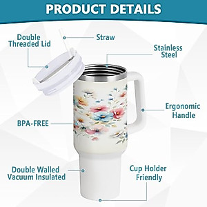 Jihqo Watercolor Cute Flowers 40 oz Stainless Steel Vacuum Insulated Tumbler with Handle and Straw Lid Reusable Leakproof Water Bottle Double Wall Travel Mug Coffee Cup, Cupholder Friendly