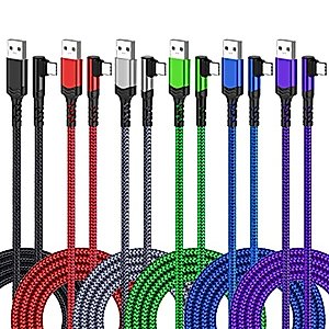 Agtray 6-Pack 10ft USB C Cable 90 Degree Long Nylon Braided USB a to USB c Cable Plug Type C Fast Charge Cable Right Angle L Shape Cord Compatible Samsung Galaxy S22 S21 S20 S10 Note 20 10 9 A51,G8 G7