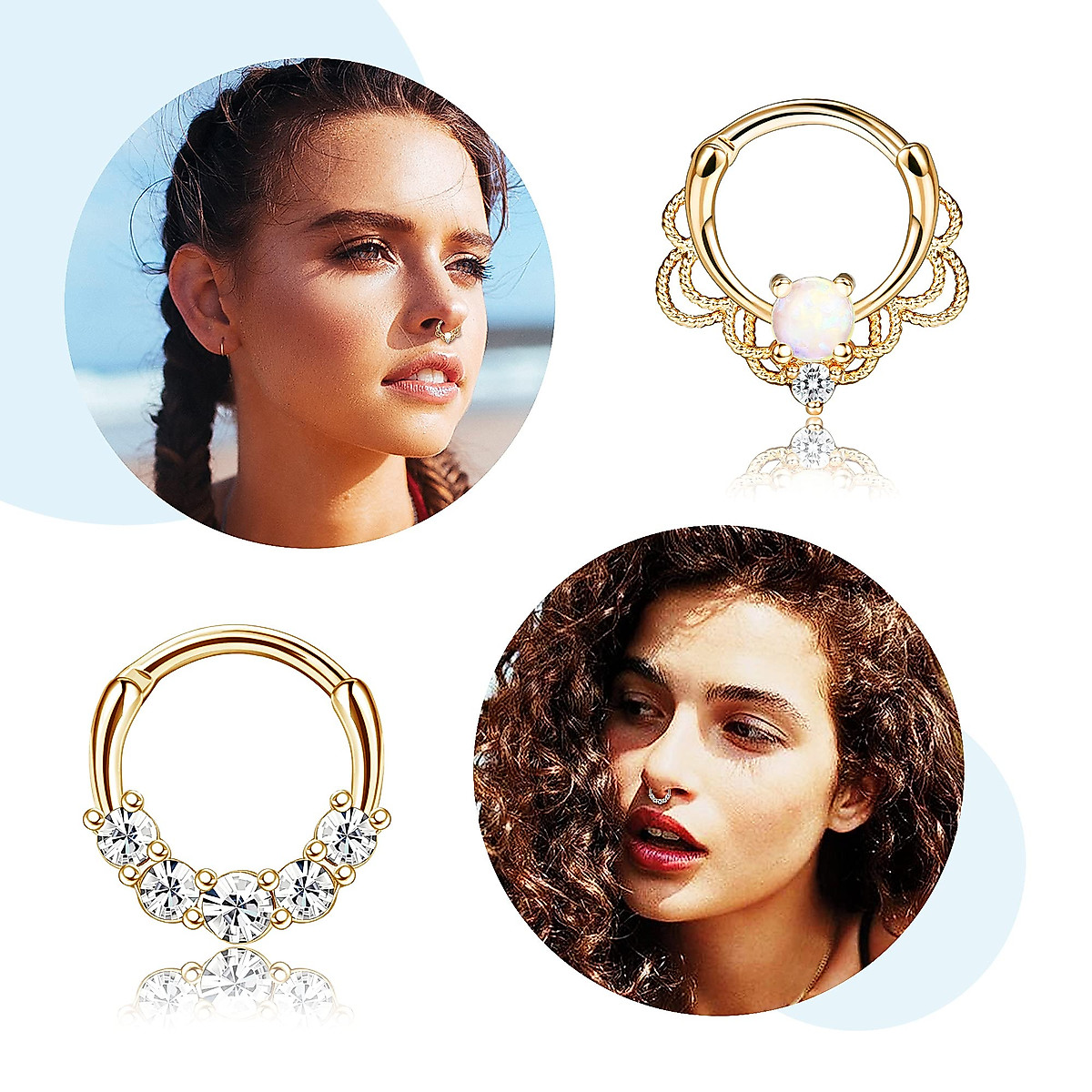 Drperfect 9PCS 16G Septum Rings Opal Daith Earrings Hoop Nose Rings 316L Stainless Steel CZ Cartilage Helix Tragus Earrings Septum Clicker Piercing Jewerly Gold Tone 8MM