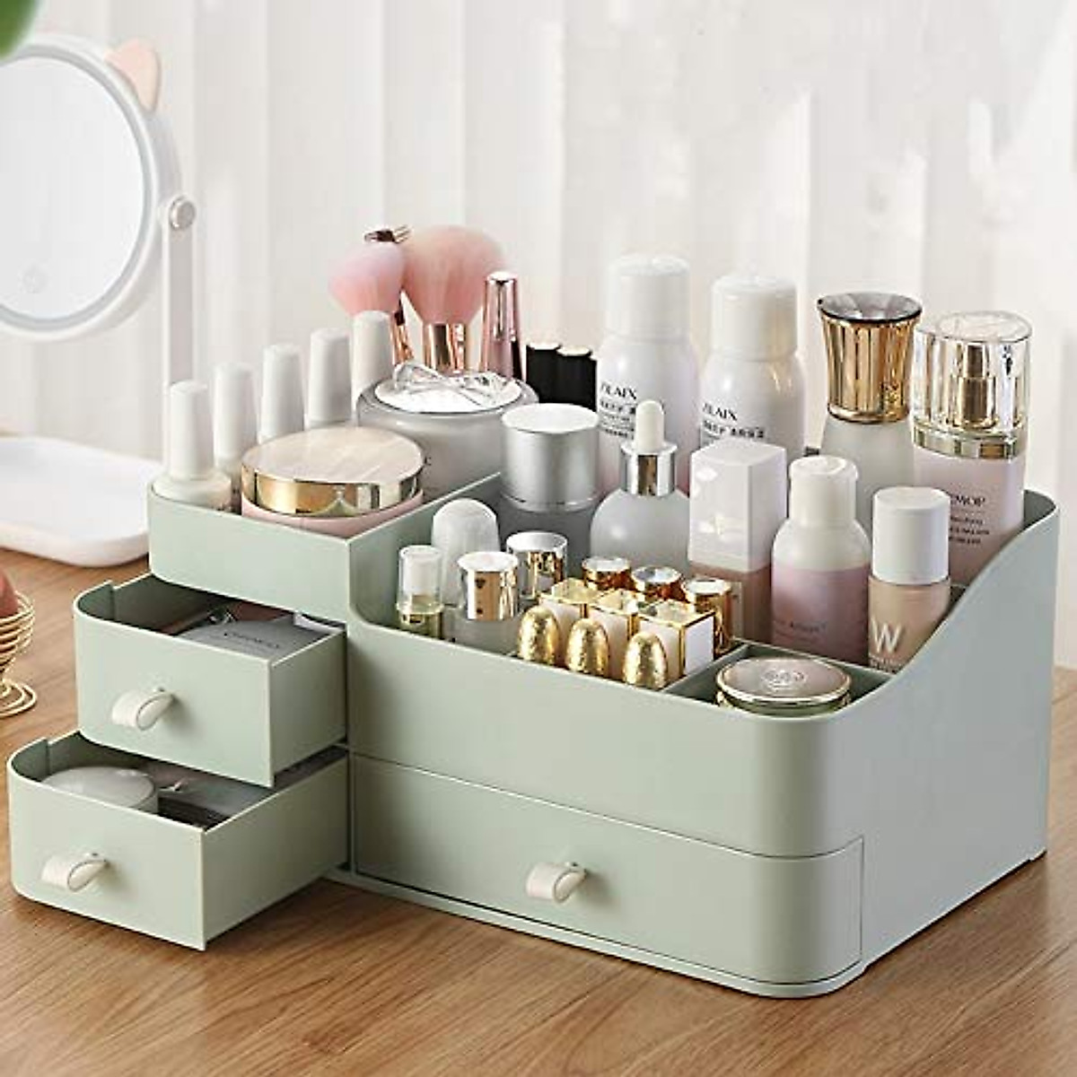 MIUOPUR Makeup Organizer for Vanity, Large Capacity Desk Organizer with Drawers for Cosmetics, Lipsticks, Jewelry, Nail Care, Skincare, Ideal for Bedroom and Bathroom Countertops - Large Green