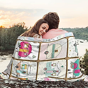 Happy Camper Decor Blanket Camping Bus Throw Blanket Soft Warm Camp Bedding for Adults Teens Couch Sofa 50" X 60" Yellow