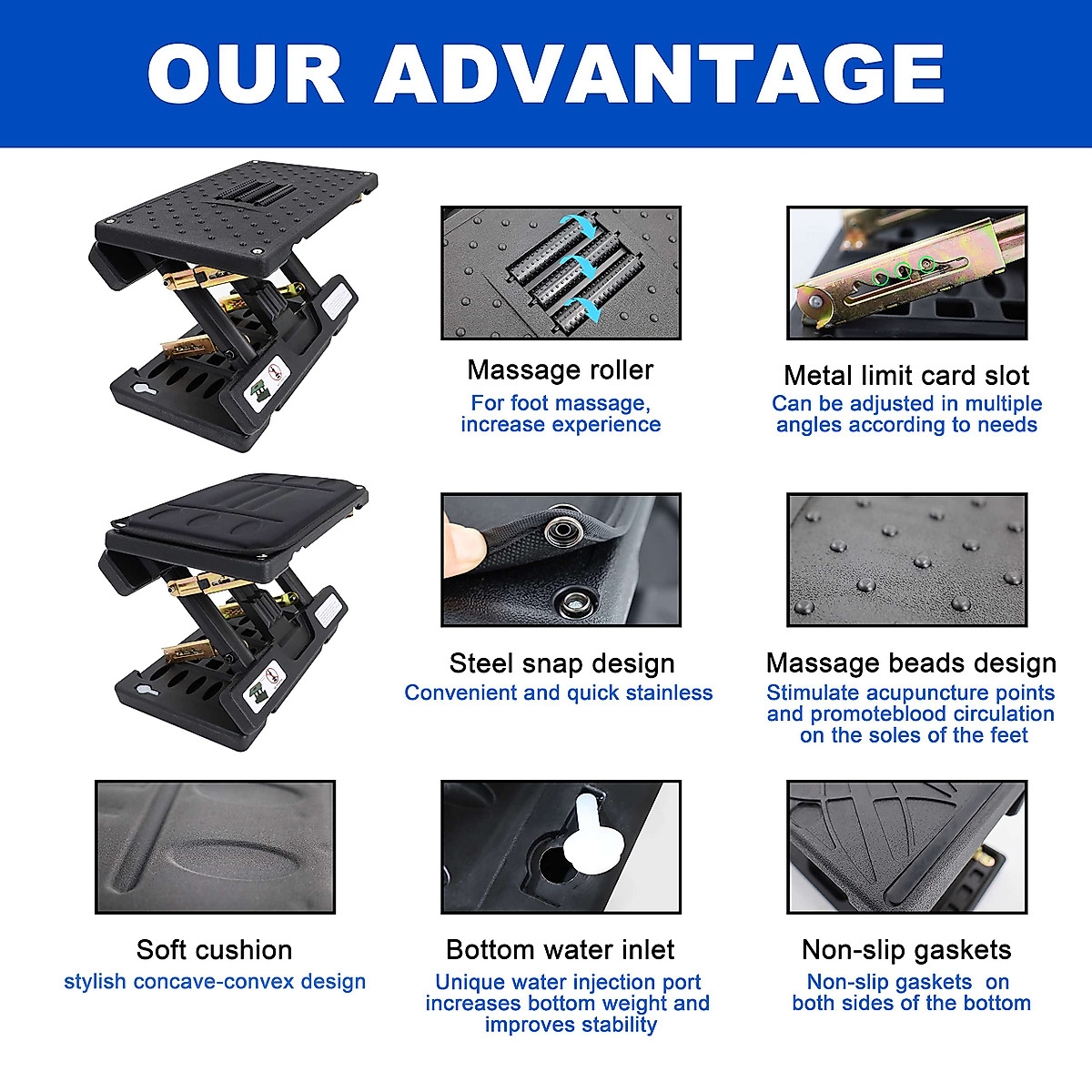 Adjustable Office Foot Rest Under Desk at Work, Leg Rest with Massage Surface Roller, Ergonomic Adjustment ，Bottom Can Be Filled with Water(Black）