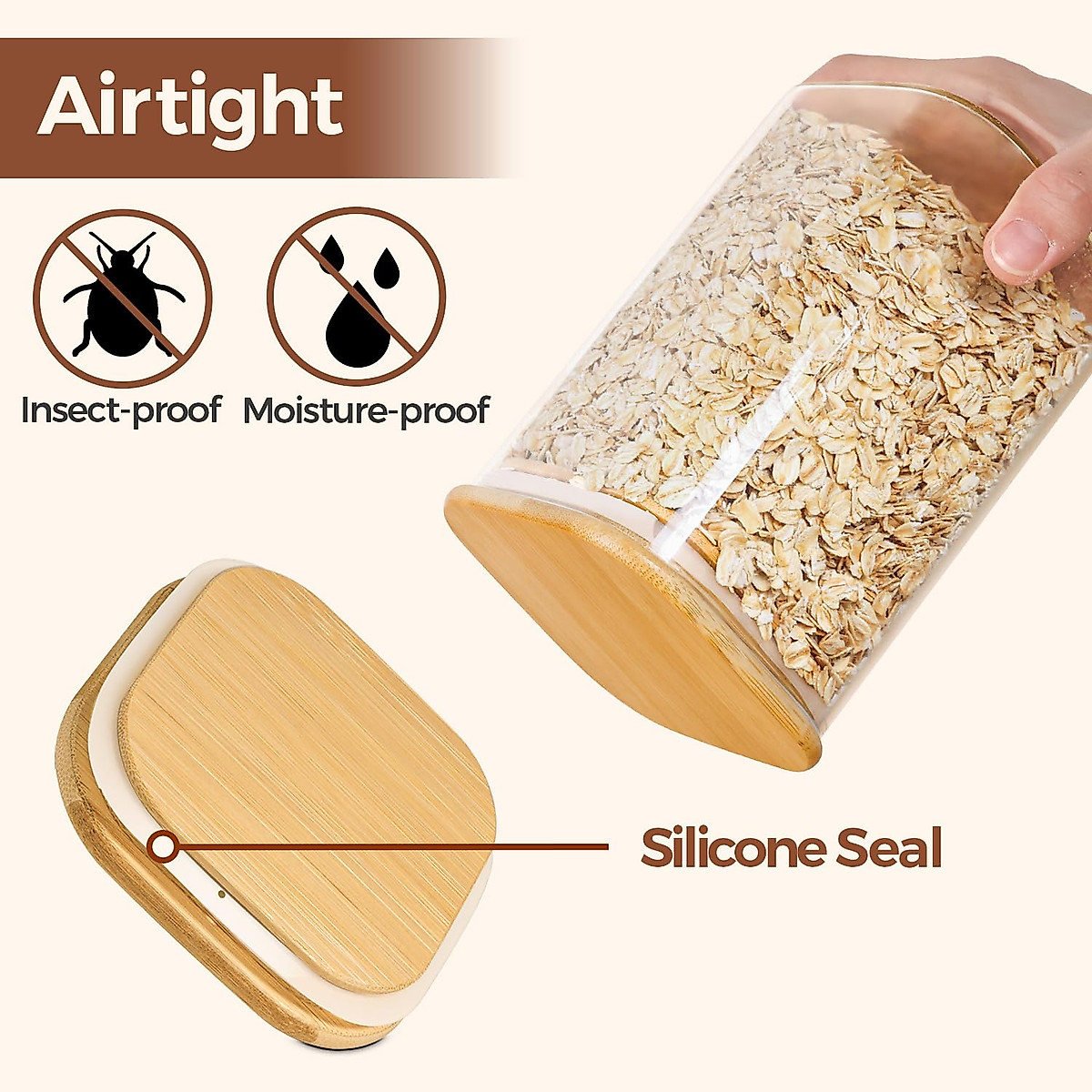 ComSaf Airtight Glass Storage Canister with Bamboo Lid (22oz/37oz/50oz) Set of 6, Clear Food Storage Container Kitchen Pantry Storage Jar for Flour Cereal Sugar Tea Coffee Beans Snacks, Square