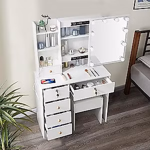 JBLCC Makeup Vanity with Lights Mirror, Makeup Table Set Vanity Mirror with Sliding Mirror, Vanity Desk with Storage Shelves, Drawers, Modern Vanity Table for Bedroom (62605)