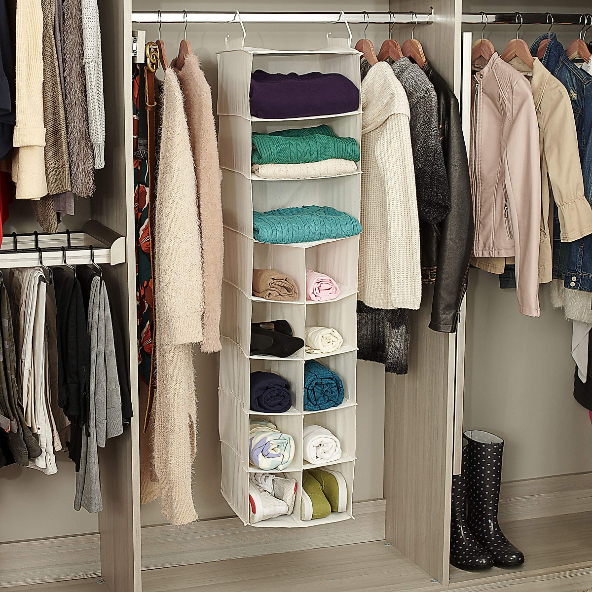 Household Essentials 10 Pocket Hanging Shoe Storage Organizer and 3 Shelf Sweater Organizer, Natural Canvas, white