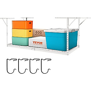 VEVOR Overhead Garage Storage Rack, 4x8 Garage Ceiling Storage Racks, Heavy Duty Adjustable Cold Rolled Steel Racks for Garage Storage, Organization, 600 lbs Load Capacity, 22''-40" (White)