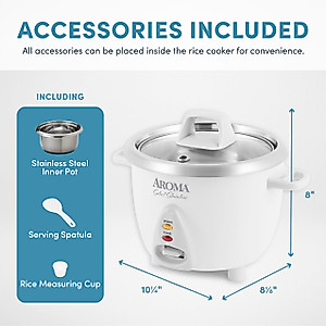 Aroma Housewares Select Stainless Rice Cooker & Warmer with Uncoated Inner Pot, 6-Cup(cooked) / 1.4Qt, ARC-753SG, White