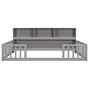Harper & Bright Designs Full Size Floor Bed with Bedside Bookcase, Shelves, Guardrails, Wood Montessori Bed with Storage, Grey