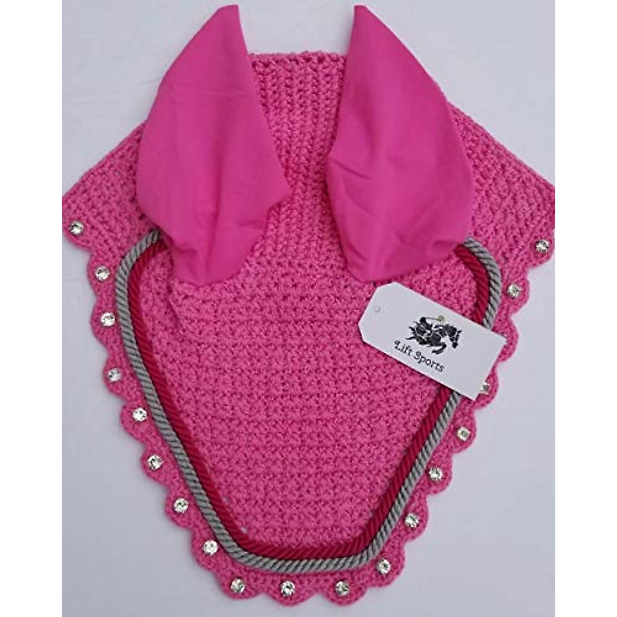 Horse Fly Bonnet with Ears Net Mask Veil with Crystals Blings Hand Made Breathable Cotton Crochet Shows Protect from Bugs and Flies (Full, Purple)