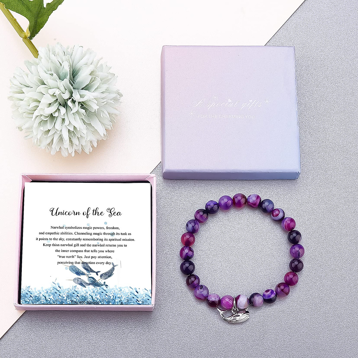 ARHTF Narwhal Bracelet Narwhal Unicorn of The Sea Aquamarine Beads Narwhal Jewelry for Women Daughter Girlfriend Narwhal Lovers Gift (purple narwhal)
