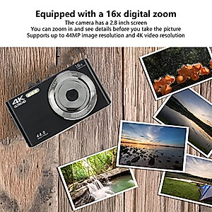 16X Digital Zoom Camera, 2.8in LCD 4K 44MP Kids Digital Camera for Kids,Teens,Beginners,Adults, Vlogging Camera with Fill Light, Compact Students Video Camera for Begginers (Black)