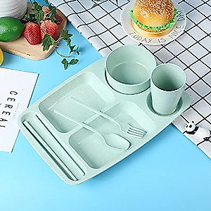 WUWEOT 8 Pack Divided Food Plates, 13.5" Wheat Straw Tray, 5-Compartment Unbreakable Fast Food Tray, Microwave Dishwasher Safe, BPA Free, Lightweight