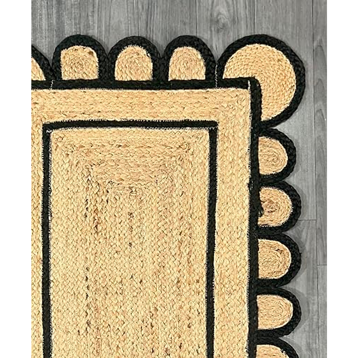 Shiv Shakti Exports Natural Jute Scalloped Rug Bohemian Rug Decor Rug Handwoven Rug Custom Rug Decorative Rug (Black Trim 2'x3' Ft / 61x92 Cm)