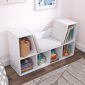KidKraft Wooden Bookcase with Reading Nook, Storage and Gray Cushion, White, Gift for Ages 3-8