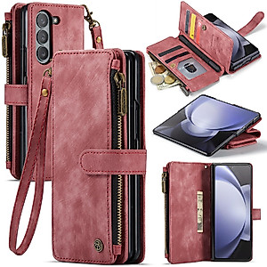 ANROD Wallet Case for Samsung-Galaxy-Z-Fold-5-5G,PU Leather Flip Magnetic Closure Shockproof Zipper Purse Cover for Samsung Galaxy Z Fold 5 5G,with Card Slots (Red)