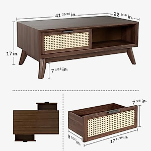 Bme Modern Solid Wood Coffee Table with Storage, Accent Rattan Design, Perfect for Living Room, Walnut, Medium
