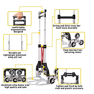 Stair Climbing Cart, Folding Hand Truck, Aluminum Alloy Luggage Moving Trolley Cart Heavy Duty with Bungee Cord, Grocery Shopping Cart with TPR Wheels and Telescoping Handle Outdoor Office