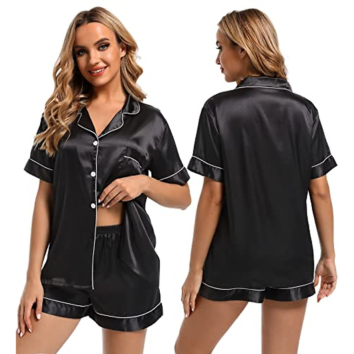 Finvizo Womens Silk Satin Pajamas Set: Soft Short Sleeve Two-piece Pjs Silky Button-down Sleepwear Loungewear Shorts Set,Black XL