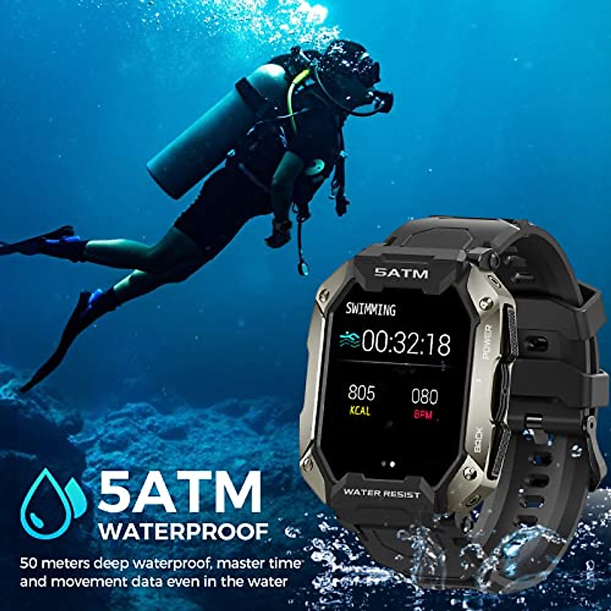 AMAZTIM Smart Watches for Men,50M Waterproof Rugged Military Grade Bluetooth Call(Answer/Dial Calls)，Health Tracker for Android Phones and iPhone Compatible,1.72" Heart Rate/Blood Pressure Watch