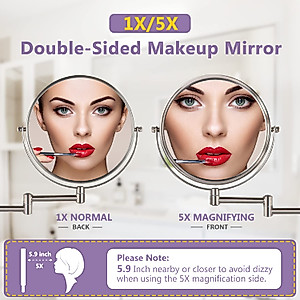 Wall Mounted Makeup Mirror, 1X/5X Magnifying Mirror Double Sided, 8 Inch Extendable Bathroom Mirror for Shaving, Nickel