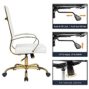 LANDSUN Home Office Chair High Back Executive Chair Ribbed PU Leather Computer Desk Chair with Armrests Soft Padded Adjustable Height Swivel Conference Gold Frame White