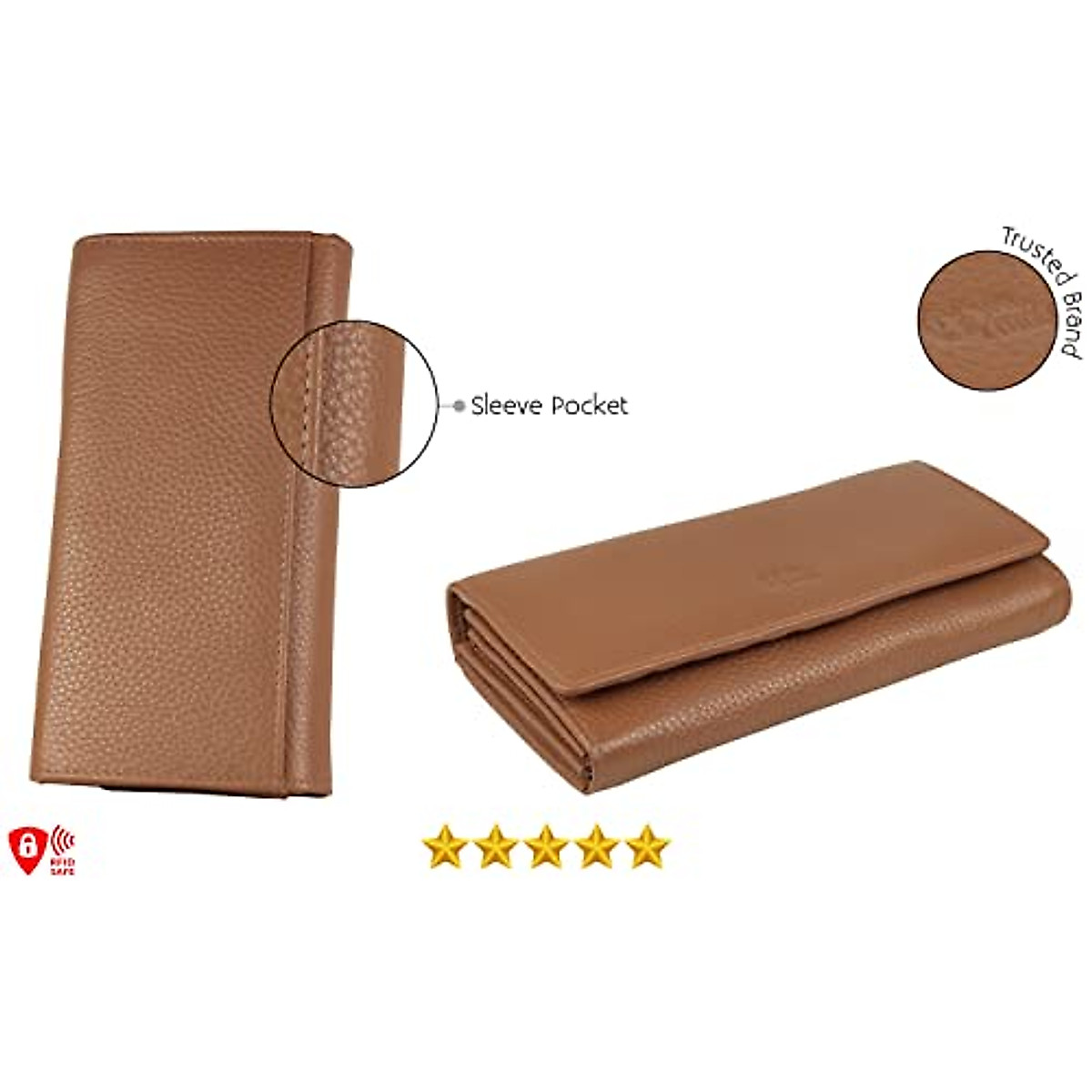 Mou Meraki Women RFID Blocking Real Leather Bifold Wallets For Women-Shield Against Identity Theft (Pebble Cognac)