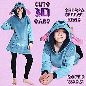 Disney Stitch Fleece Hoodie Blanket for Kids and Teenagers - One Size Fluffy Oversized Hoodie - Stitch Gifts (Blue Stitch)