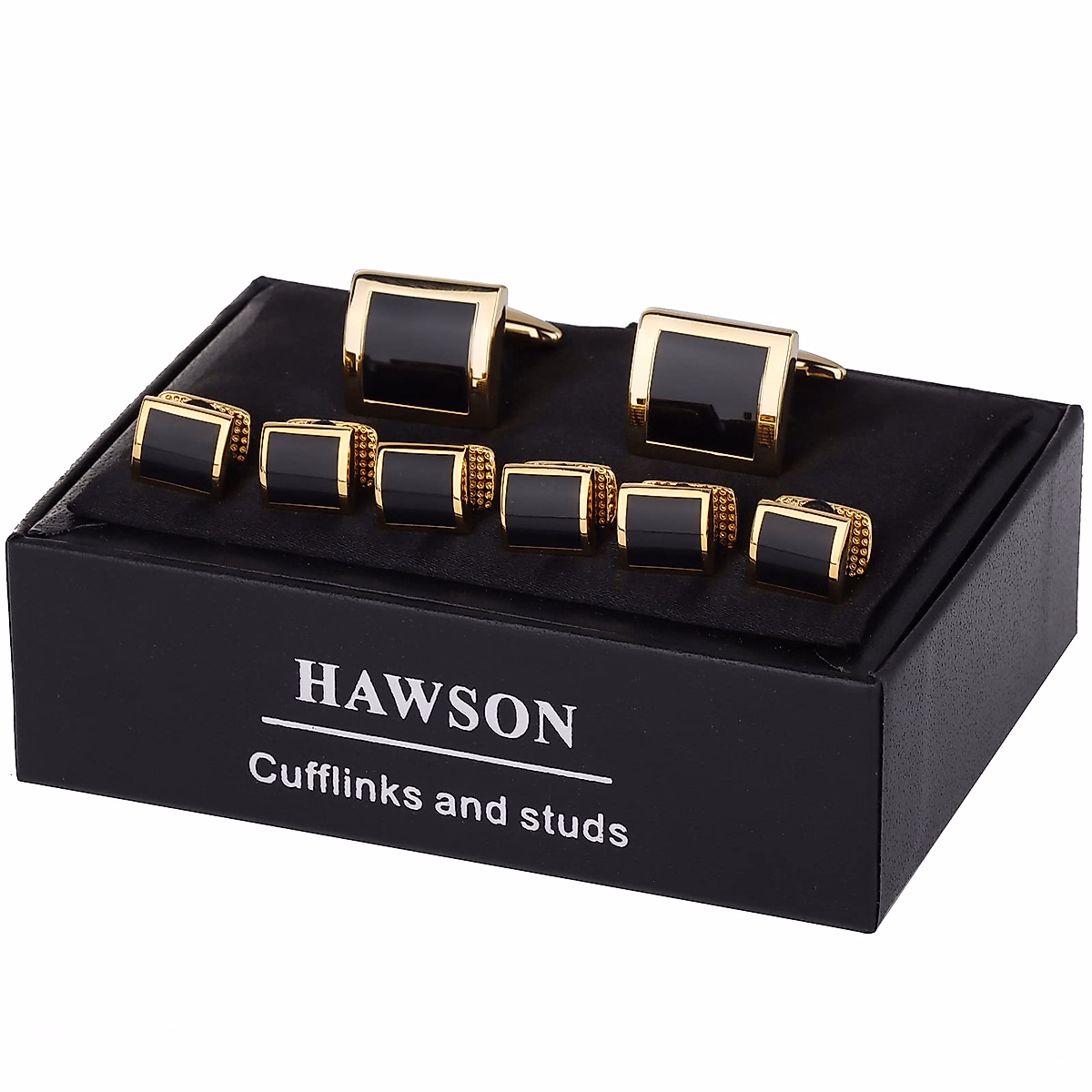 HAWSON Cufflinks and Studs for Men-Mens Fashion Cufflinks and Tuxedo Shirt Studs Set for Regular Wedding Business Accessories (Gold +Black Enamel)