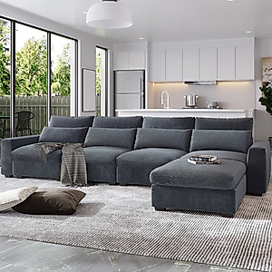 KEVINSPACE 129.9" L-Shaped Sofa Modern 3 Seat Upholstered Couch Reversible Sectional Sofa with Removable Ottomans Solid Wood Legs and Waist Pillows for Living Room, Bedroom, Dark Gray