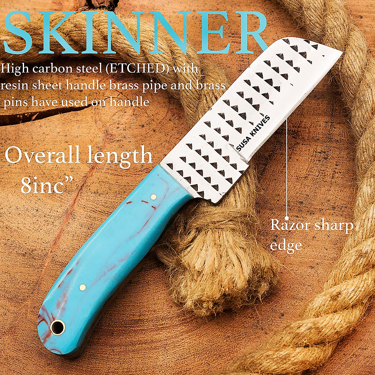 SUSA KNIVES Custom Handmade Rasp Bull Cutter knives horse file steel bull cutter knife, cowboy skinner knife with pancake leather sheath (BLUE)