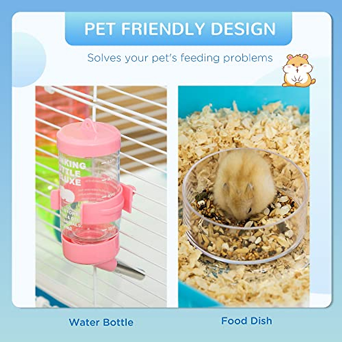 PawHut Extra Large 23" Hamster Cage with Tubes and Tunnels, Portable Carry Handles, Rat House and Habitats Big 5-Tier Design, Includes Exercise Wheel, Water Bottle, Food Dish, Light Blue