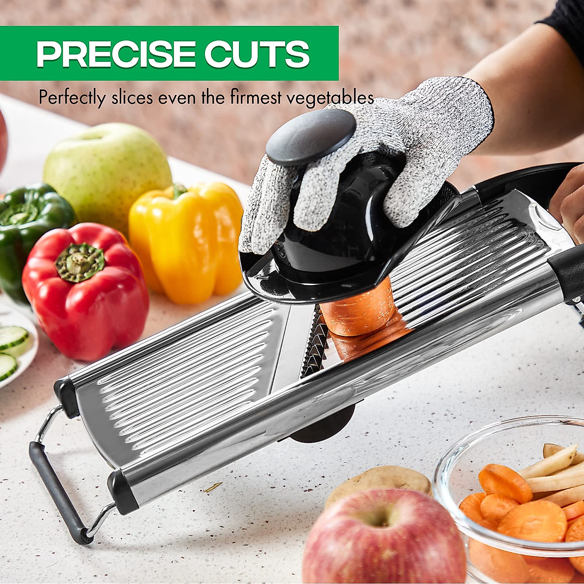 MadebyGNL Mandoline Slicer for Kitchen, Adjustable Stainless Steel Vegetable Cutter,Vegetable Chopper for Potato, Tomato, Veggie Salad and Onion, French Fry Cutter with Cut-Resistant Gloves