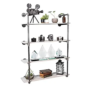 Pipe Decor 4 Tier Industrial Shelves, Vintage Iron DIY Shelving Unit, Rustic Wall Mounted Hanging Bookshelf, Perfect for Garage or Kitchen Storage, Heavy Duty Floating Black Metal Rack Four Shelf Kit