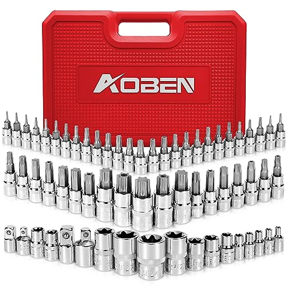 AOBEN 64Pcs Master Torx Bit Socket and External Torx Socket Set, 1/4, 3/8, 1/2-inch(E4-E24, T6-T70,TT6-TT70,TP8-TP60), S2 and Cr-V Steel, Includes Socket Adapters