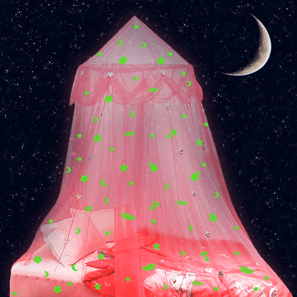 LokSuntec Bed Canopies for Girls Glow in The Dark Stars and Moon Princess Mosquito Net Crib Hanging Tent Bedroom Decoration for Kids Teen Girls Pink