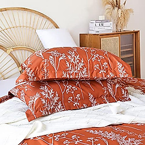 JANZAA Duvet Cover Queen Terracotta 3 Pieces Boho Duvet Cover with White Botanical Patterns Soft Floral Bed Cover with Zipper Closure 4 Ties (2 Pillow Cases)