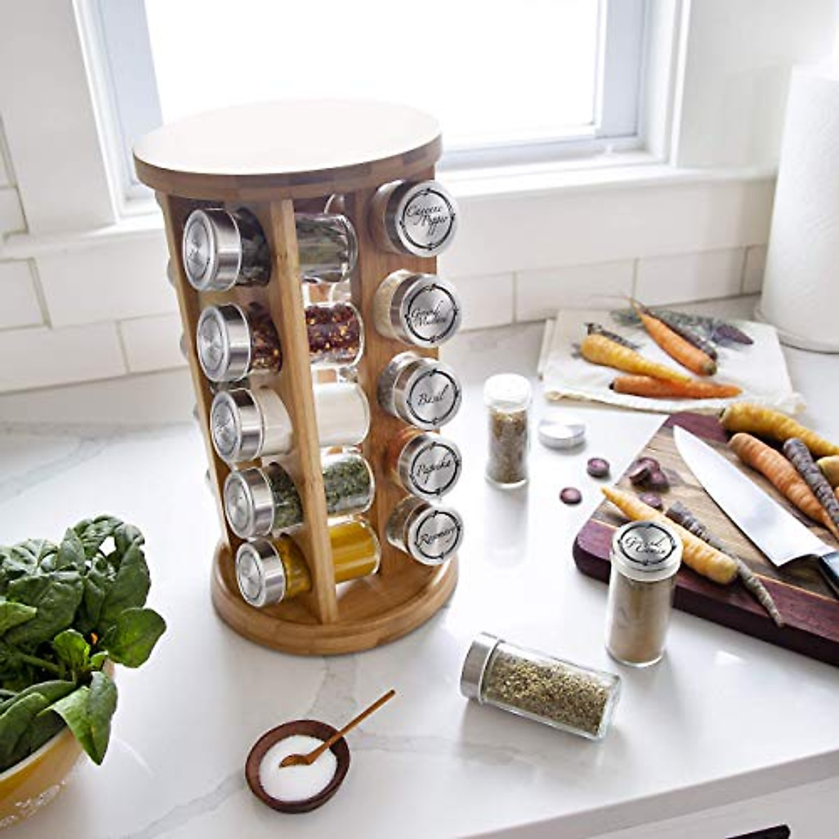 Orii 20 Jar Spice Rack with Spices Included - Tower Organizer for Kitchen Spices and Seasonings, Free Spice Refills for 5 Years (Bamboo Wood)