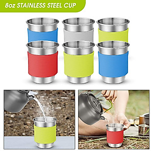 Odoland 39pcs Camping Cookware Mess Kit, Non-Stick Large Size Hanging Pot Pan Kettle with Base Dinner Cutlery Sets for 6 and More, Cups Dishes Forks Spoons Kit for Outdoor Camping Hiking Picnic