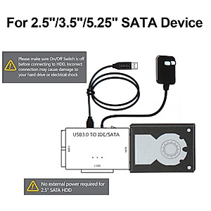 EYOOLD USB 3.0 to SATA IDE Adapter, Hard Drive Reader External Ultra Recovery Converter Compatible with 2.5" 3.5" HDD, SSD,5.25-inch DVD/CD-ROM Optical Drive Data Transfer with Power Supply