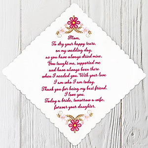 Mom Wedding Embroidered Handkerchief, Mother of the Bride Gifts for Daughter on Wedding Day, Something Old Something New Something Borrowed Something Blue Gift for Bride on Wedding Day Essentials