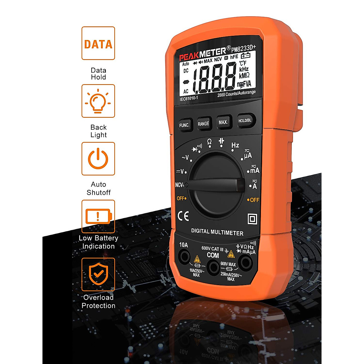 Auto-Ranging Digital Multimeter, AC/DC Amp Ohm Voltage Test Meter with Resistance, Continuity, Capacitance, Frequency and Diode Test; Multi Tester with Backlit Display, Data Hold and NCV